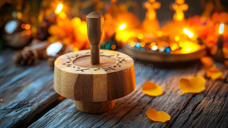 Wooden Spinning Top on Rustic Table with Autumn Decorations and Candles ...