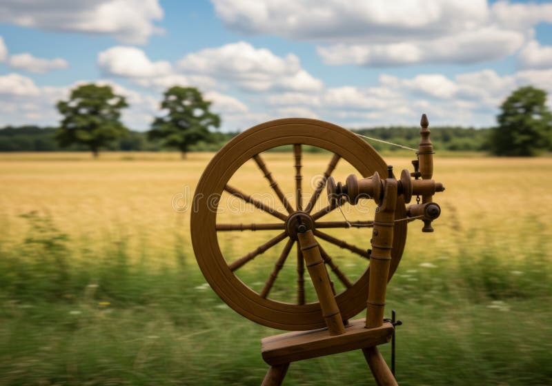 Wooden Spinning Wheel in a Golden Wheat Field Stock Illustration ...