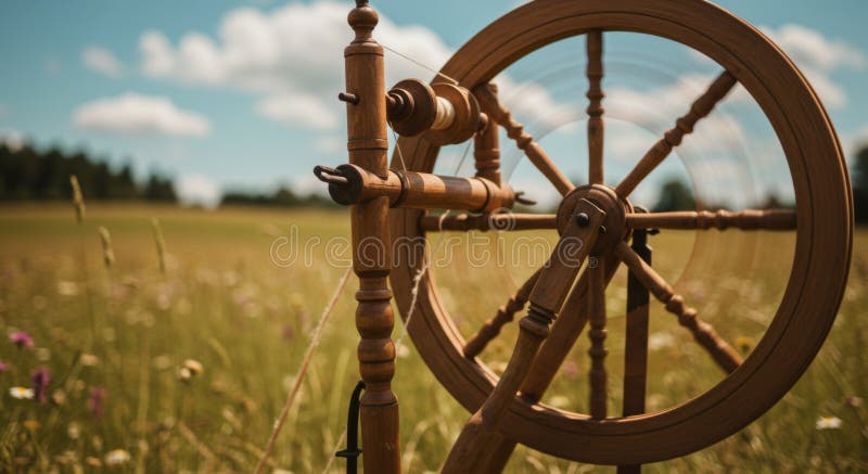 Wooden Spinning Wheel in a Summer Field Stock Illustration ...