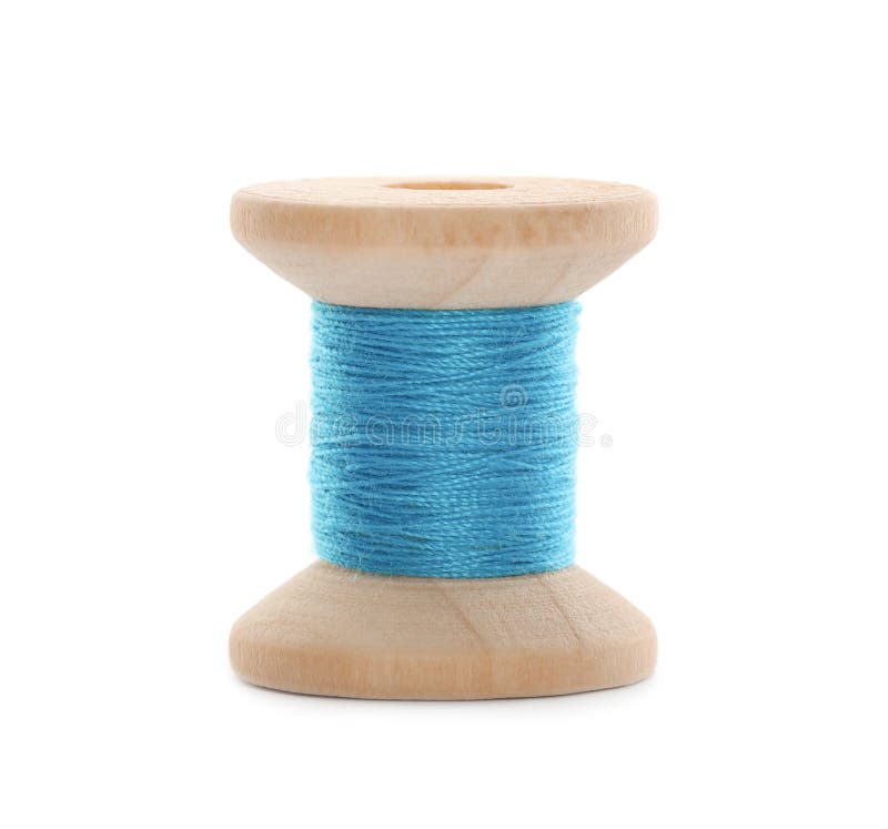Wooden Spool of Light Blue Sewing Thread Isolated on White Stock Photo ...