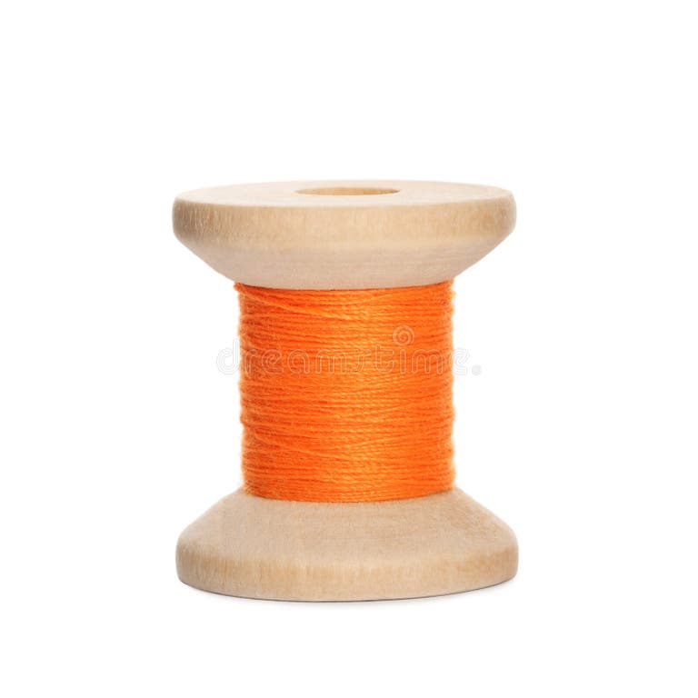 Wooden Spool of Orange Sewing Thread Isolated on White Stock Image ...