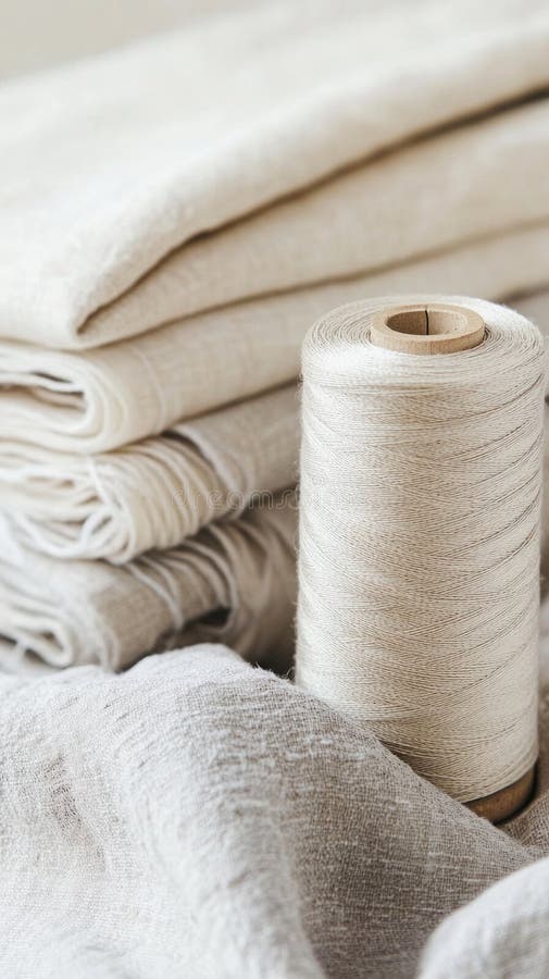 Wooden Spool of Thread Lying on a Stack of Linen Fabrics Stock Photo ...