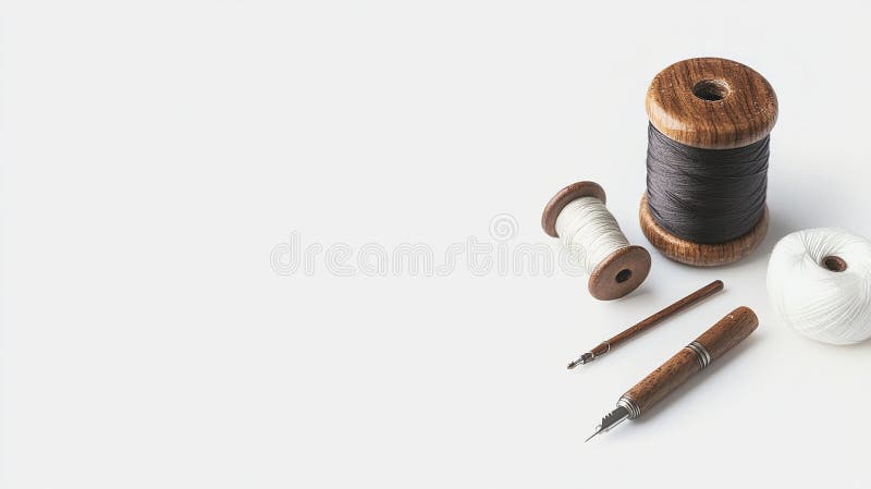 Wooden Spools of Black and White Thread with Calligraphy Pens and Tools ...