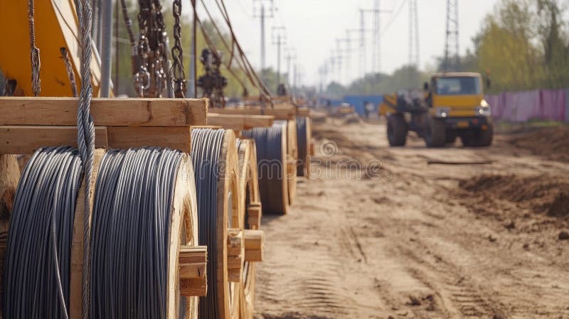 Wooden Spools Coiled with Black Rubber-encased Copper Power Cables on a ...