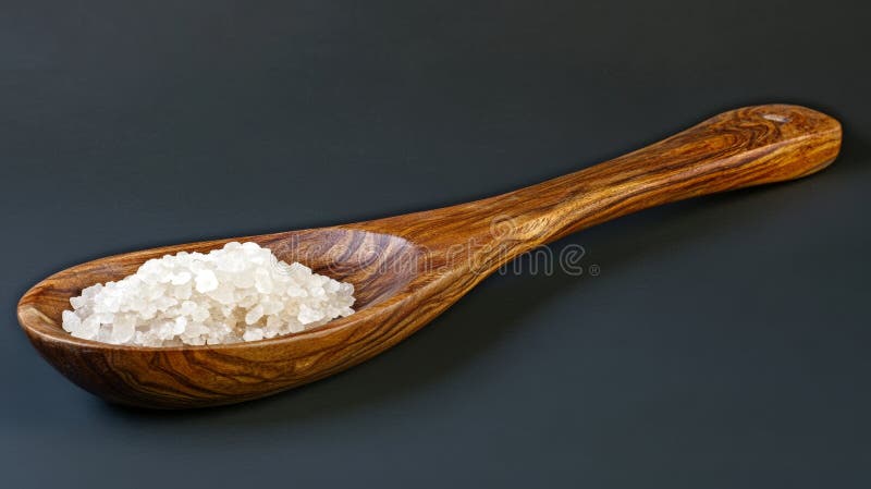 Wooden Spoon Filled with Fine White Salt Resting on a Dark Surface in a ...