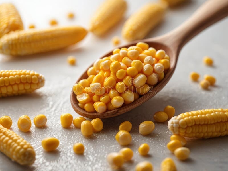 A Wooden Spoon Filled with Fresh Corn on a Clean White Surface. Stock ...