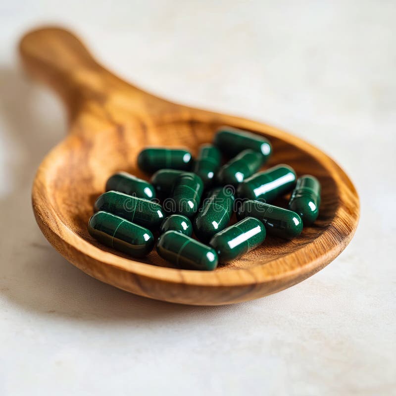 A Wooden Spoon Filled with Green Capsules on a White Surface Stock ...