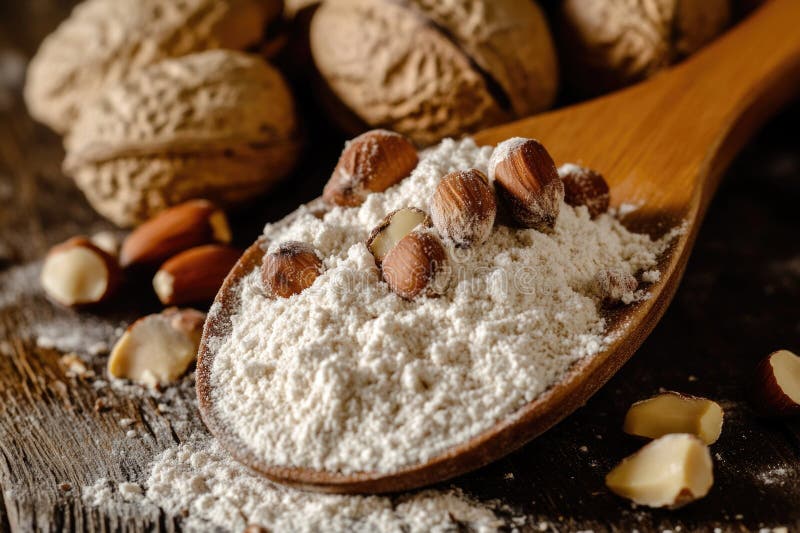 A Wooden Spoon Filled with Powder and Nuts, Ideal for Baking or Cooking ...