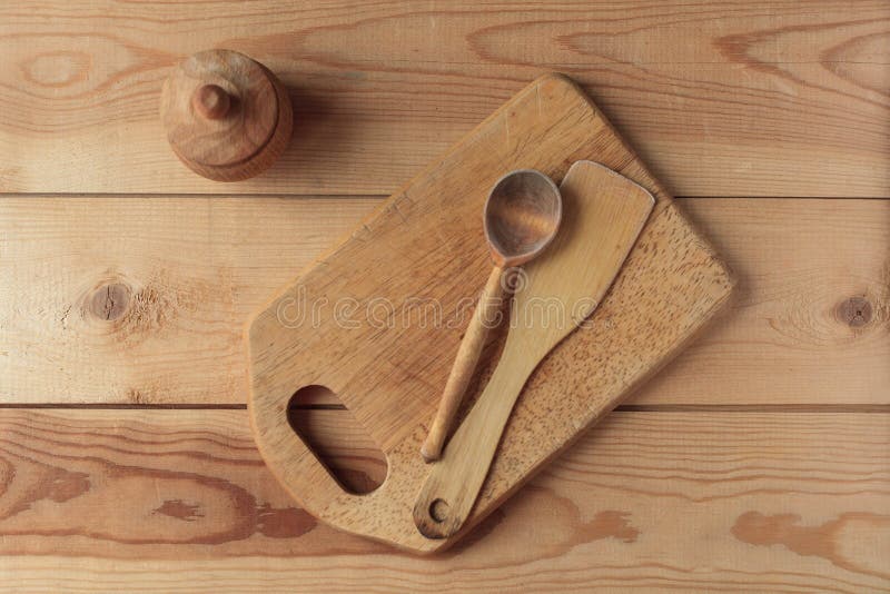 Wooden Spoon, Kitchen Spatula, Salt Shaker and Cutting Board Stock ...