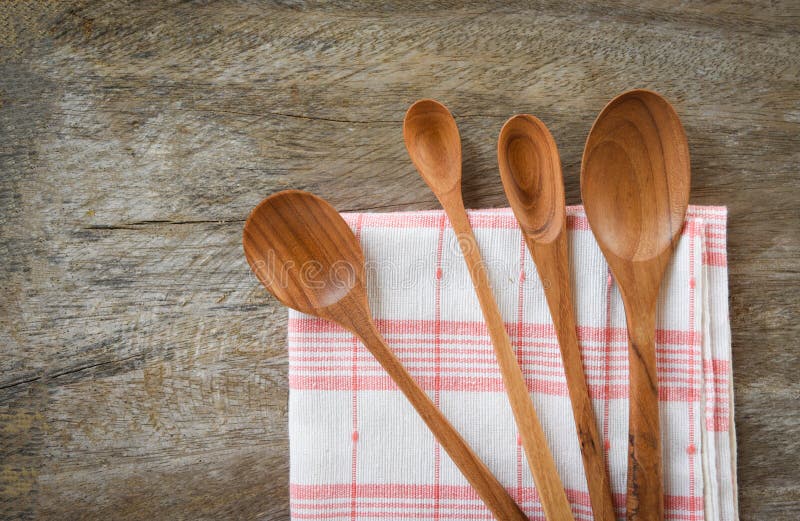 Wooden Spoon and Kitchenware Set Coffee Spoon Various Sizes on Napery ...