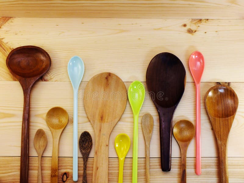 Wooden Spoon and Ladles on Wooden Table Stock Image - Image of ladle ...