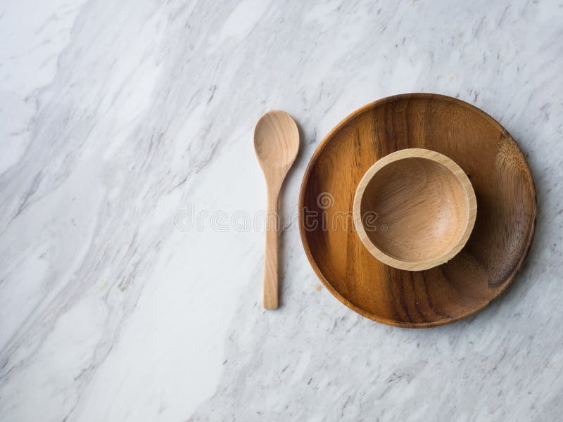 Wooden Spoon and Plate on White Marble. Stock Image - Image of kitchen ...