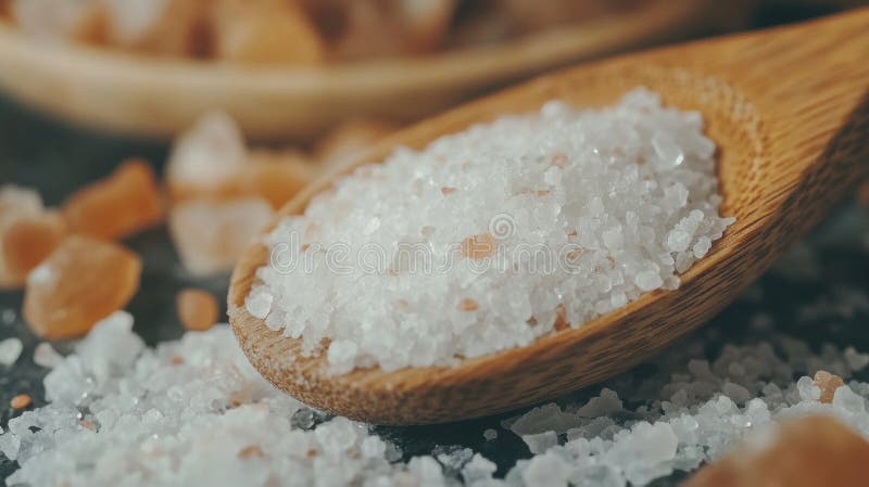 A Wooden Spoon is Pouring a Spoonful of Salt into a Mound of White Salt ...