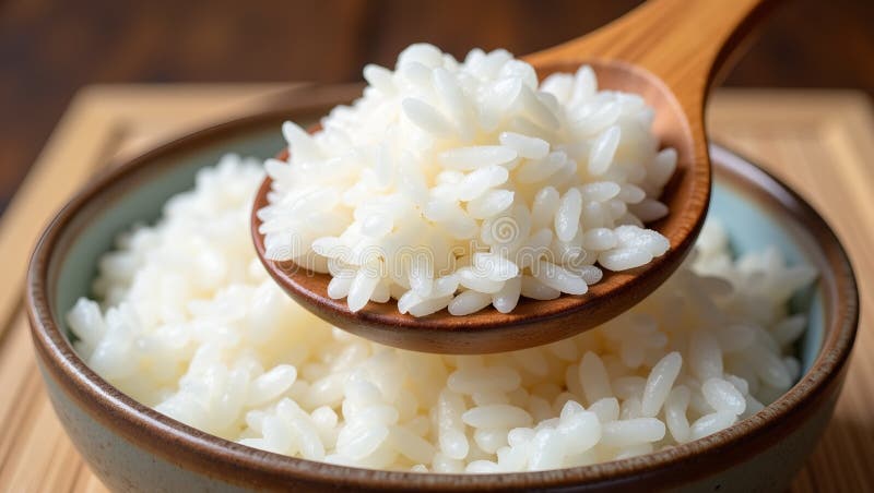 Wooden Spoon Scooping Fluffy Rice in Ceramic Bowl Stock Illustration ...