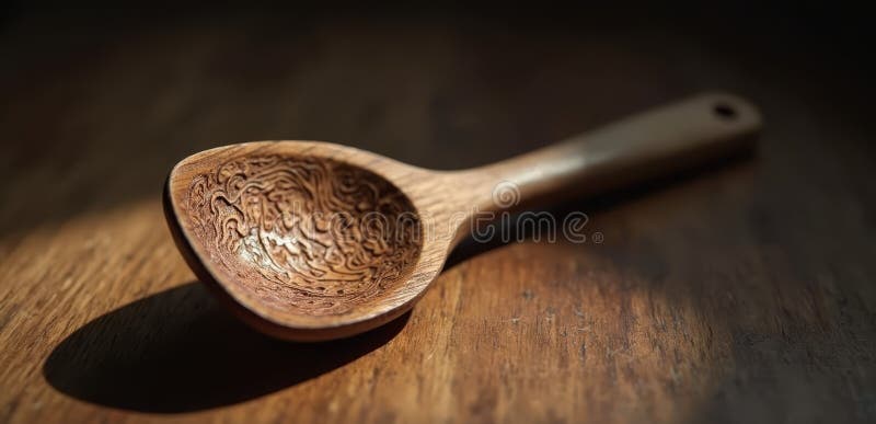 A Wooden Spoon Sitting on Top of a Wooden Table Stock Image - Image of ...