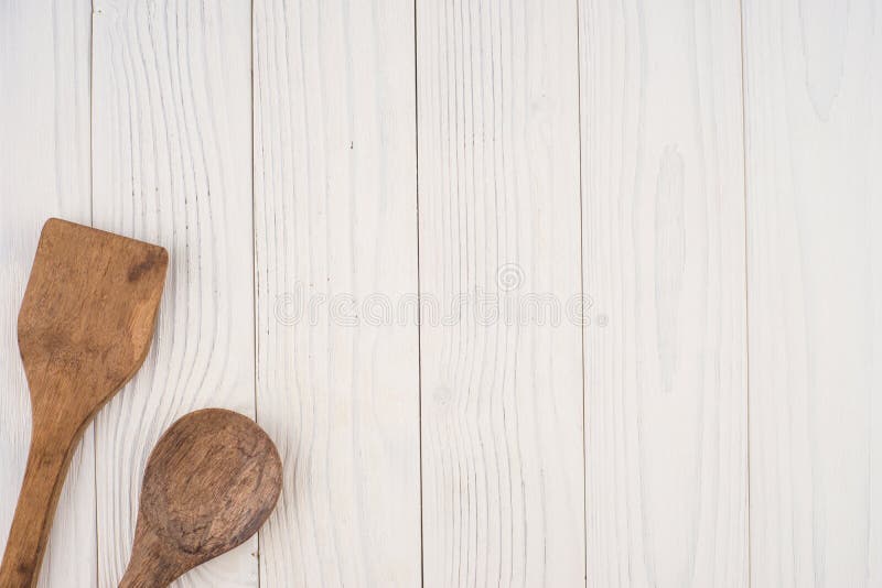 Wooden Spoon and Spatula on an Old White Table. Stock Image - Image of ...