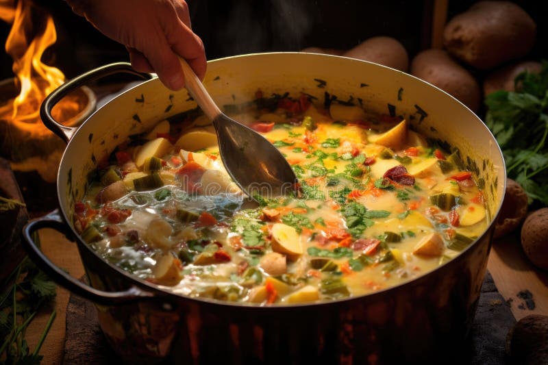 Wooden Spoon Stirring Chowder in a Pot Stock Illustration ...