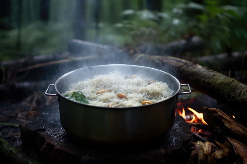 Wooden Spoon Stirring Rice in Pot on Campfire Stock Illustration ...