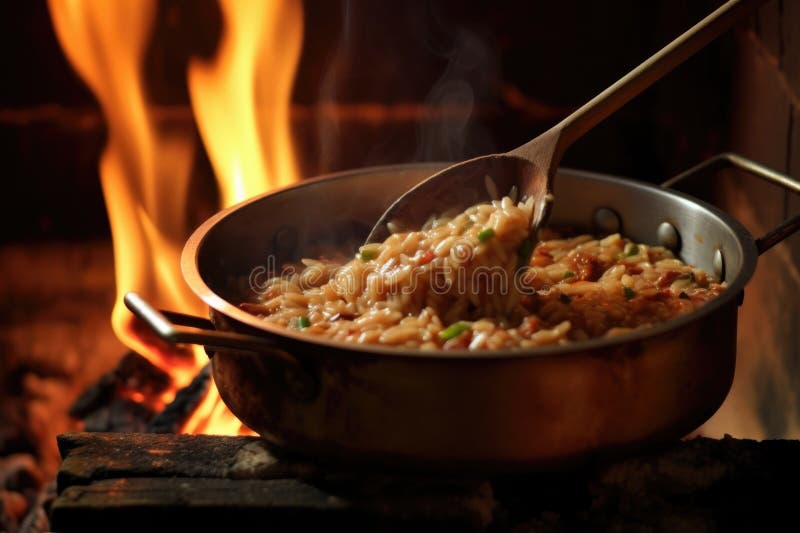 Wooden Spoon Stirring Risotto Over Open Flame Stock Illustration ...