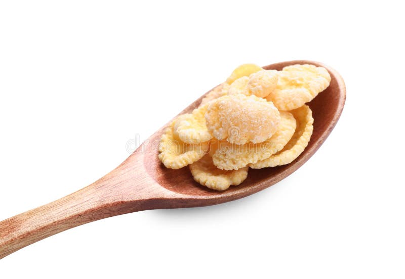Wooden Spoon of Tasty Crispy Corn Flakes on White Background Stock ...