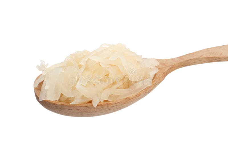 Wooden Spoon of Tasty Fermented Cabbage on White Background Stock Photo ...