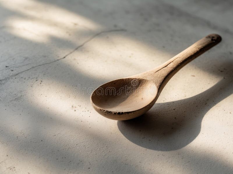 Wooden Spoon on Textured Gray Surface with Shadow. Stock Image - Image ...