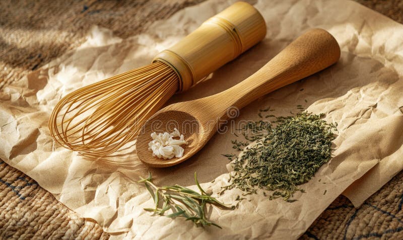 A Wooden Spoon and Whisk are on a Paper Stock Photo - Image of organic ...