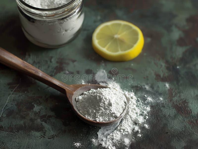 Wooden Spoon with White Powder and Lemon Slice Stock Photo - Image of ...