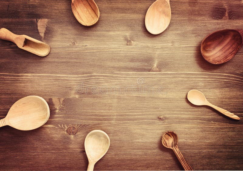 Wooden Spoons on Table in Rustic Style. Top View Stock Photo - Image of ...