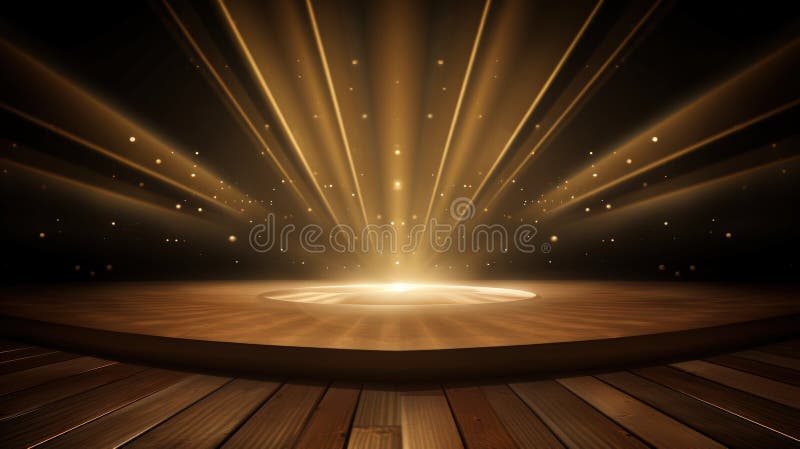 A Wooden Stage Illuminated by Golden Light Spotlights Stock ...