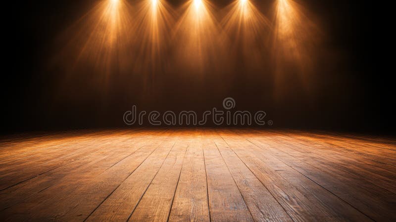 Wooden Stage Illuminated by Warm Spotlights Creates Dramatic Atmosphere ...