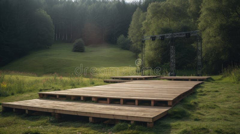 A Wooden Stage in the Middle of a Green Meadow Stock Illustration ...