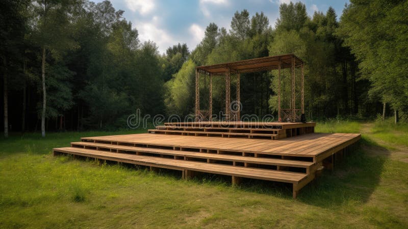 Wooden Stage in the Middle of a Green Meadow Stock Illustration ...