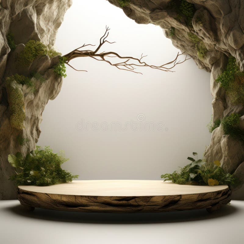 A Wooden Stage Podium in a Cave with a Tree in the Background, Created ...