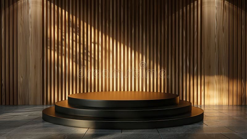 Wooden Stage with Soft Sunlight and Vertical Paneling in Modern Room ...