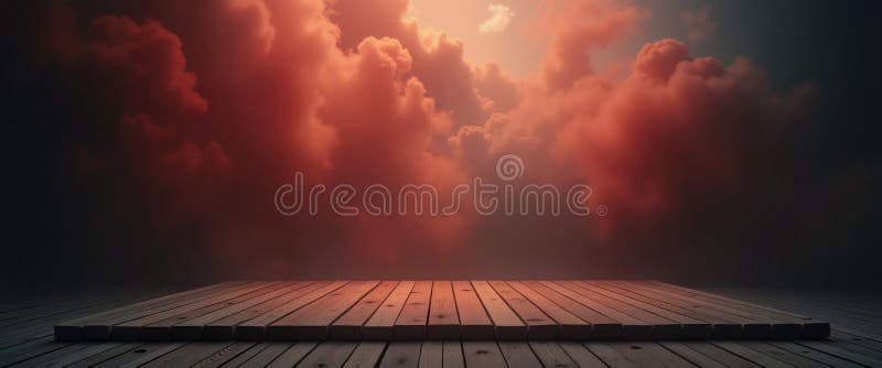 Wooden Stage Under Dramatic Pink Clouds, Ethereal Backdrop for Creative ...