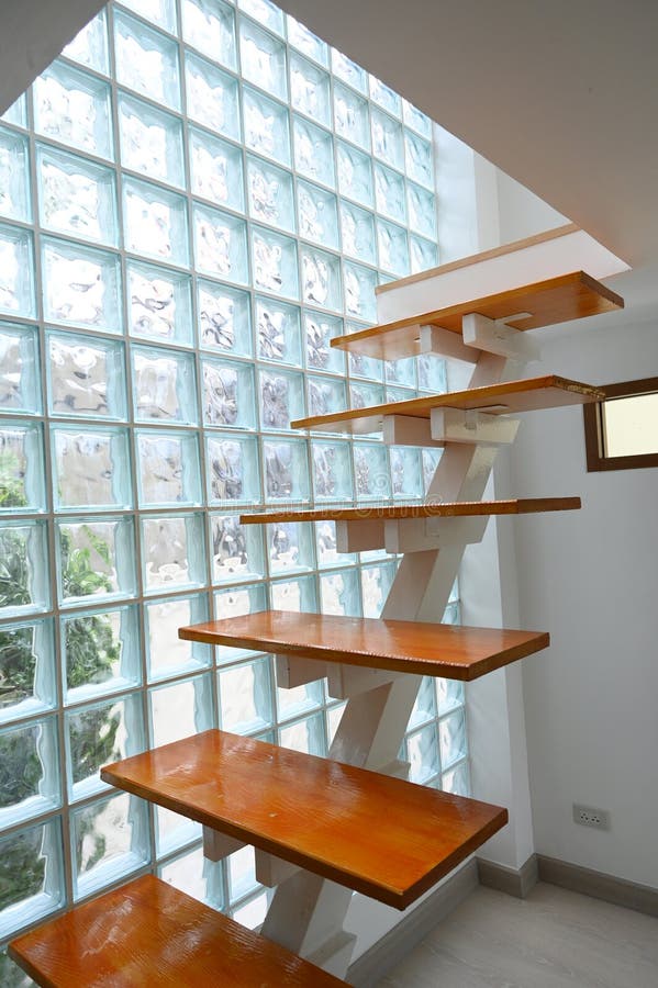 Wooden Staircase and Glass Wall, Interior Design Stock Image - Image of ...
