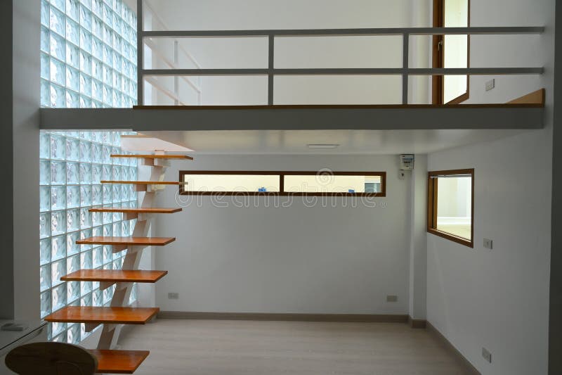 Wooden Staircase and Glass Wall, Interior Design Stock Photo - Image of ...