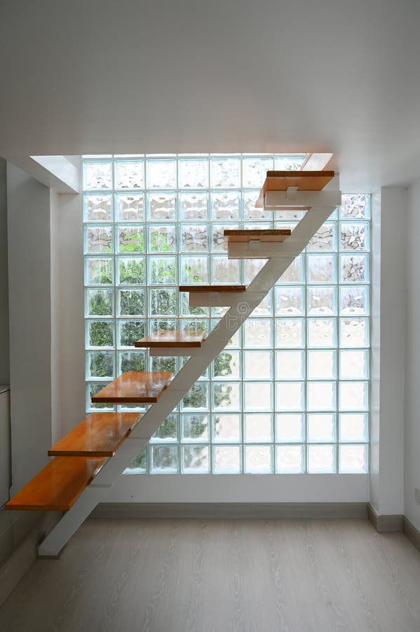 Wooden Staircase and Glass Wall, Interior Design Stock Image - Image of ...