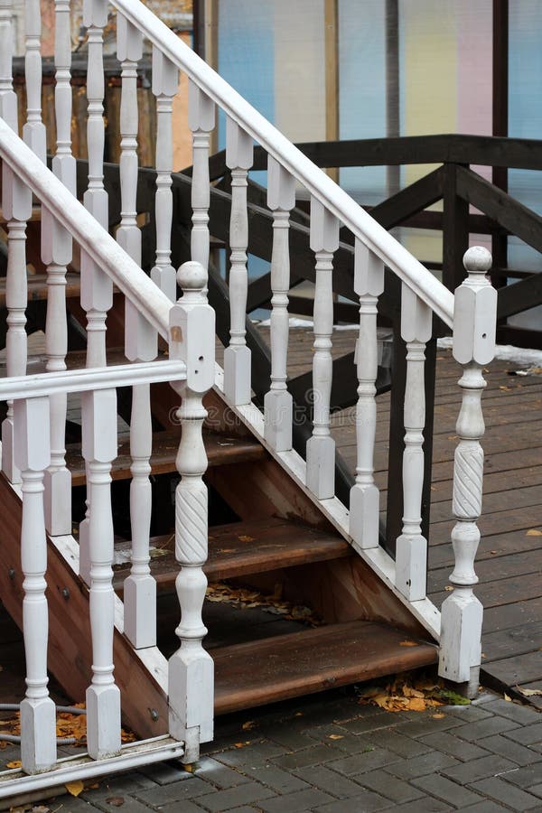 Wooden Staircase with White Balusters Stock Image - Image of portal ...