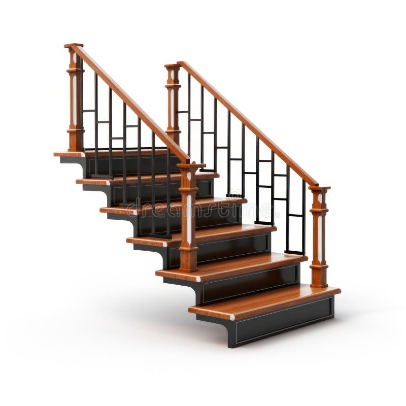 A Wooden Stairs with a Railing and White Wall Behind, AI Stock ...