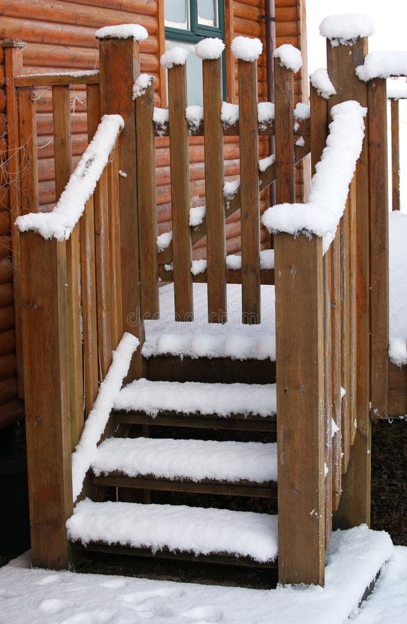 Wooden Stairs Covered with Snow Stock Image - Image of white, door ...