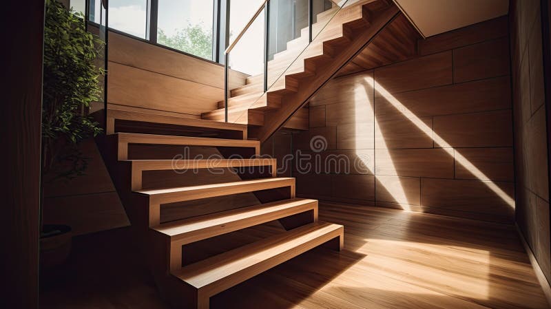 Wooden Stairs in a Modern House with Daylight and Shadows on the Wall ...