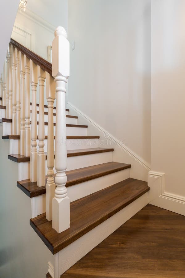 Wooden stairs with railing stock image. Image of handcrafted - 60850217