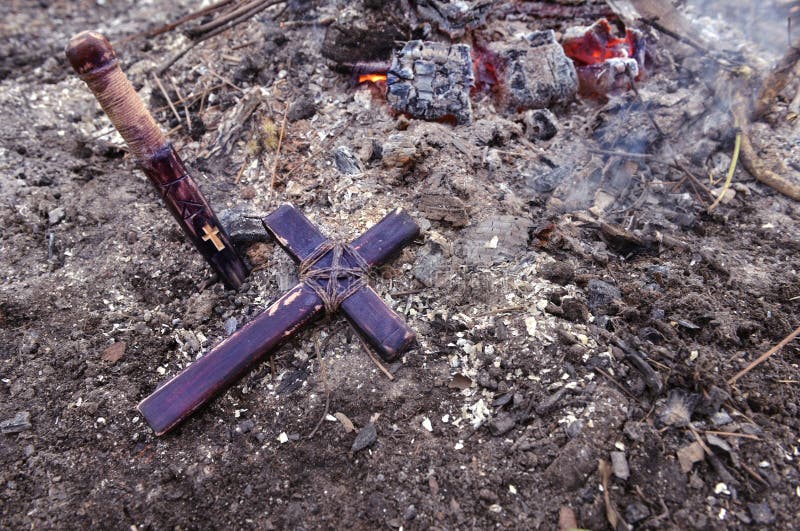 Wooden Stake and Cross Lying on the Ashes Stock Photo - Image of ...