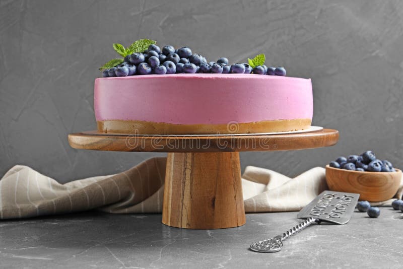 Wooden Stand with Tasty Blueberry Cake Stock Image - Image of mint ...