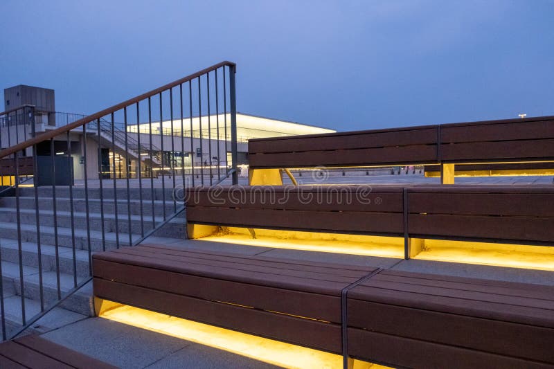 Wooden Step and Seating with Lighting Underneath Stock Photo - Image of ...