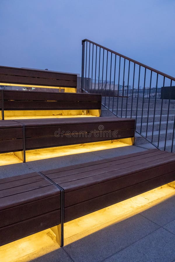 Wooden Step and Seating with Lighting Underneath Stock Photo - Image of ...
