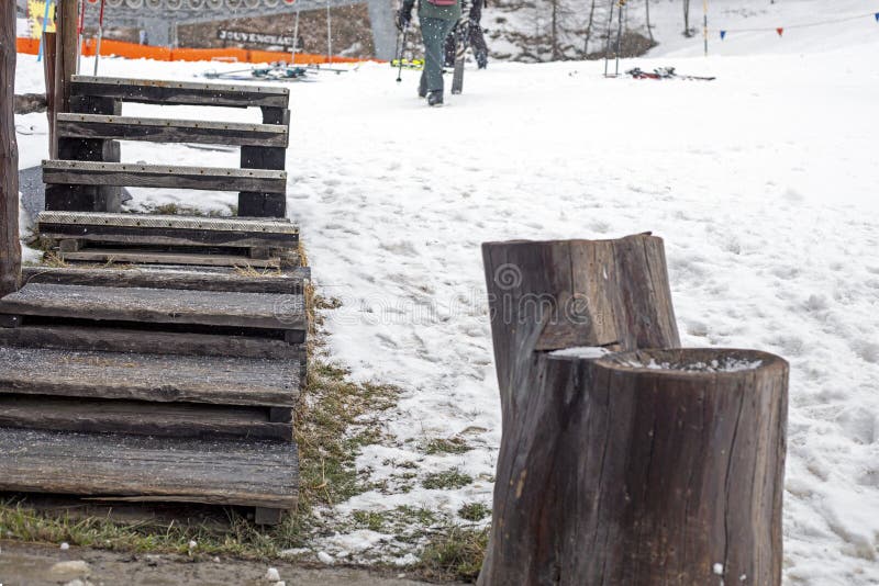 Wooden Steps in a Cafe on a Ski Slope Stock Image - Image of design ...