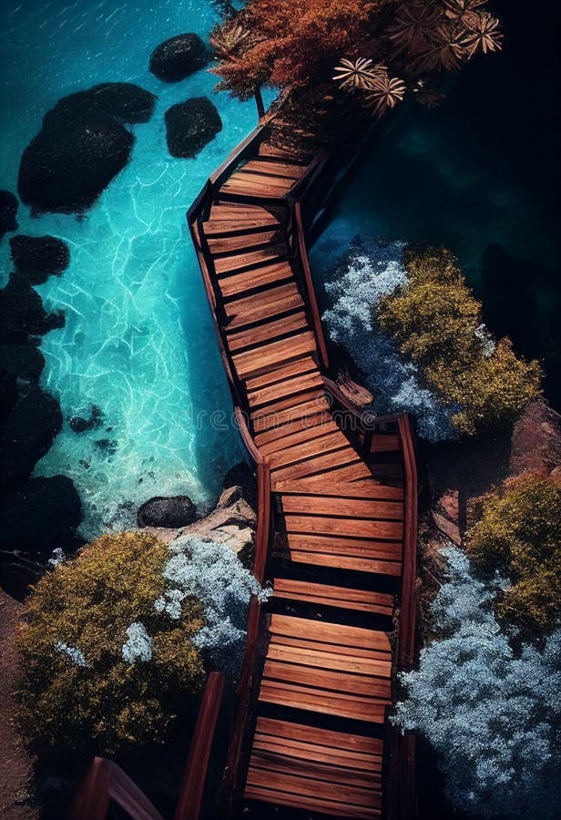 Wooden Steps Lead To Ocean. AI Generated Stock Illustration ...